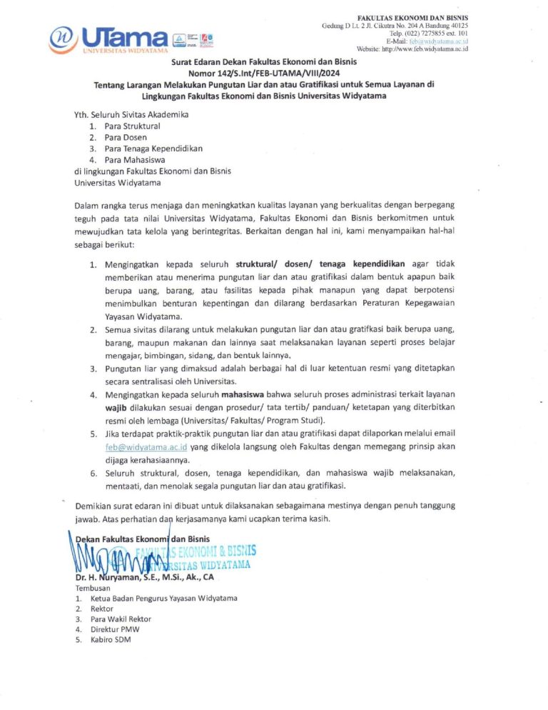 Surat Edaran Dekan Fakultas Ekonomi dan Bisnis Tentang Larangan Melakukan Pungutan Liar dan atau ...